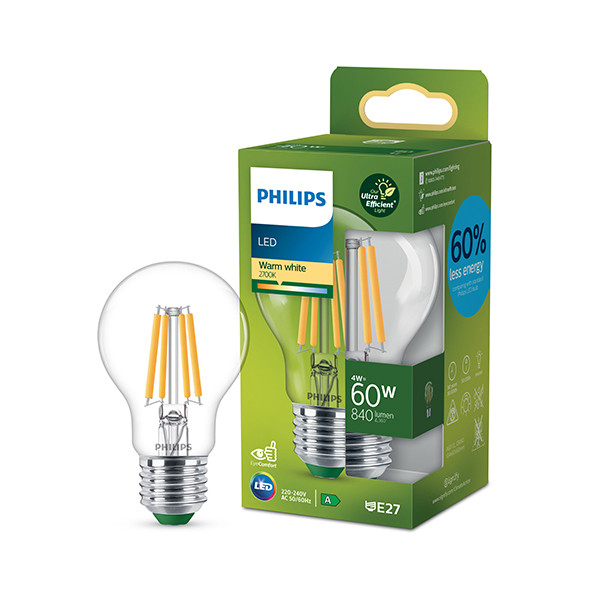 Philips LED lamp E27 | Peer A60 | Ultra Efficient | Filament | Helder | 2700K 4W (60W) Philips ...